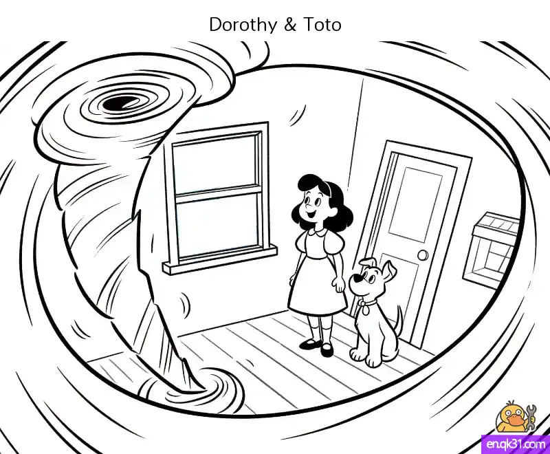 Wizard of Oz Tornado Coloring Page - Dorothy & Toto-QuickDuck Tools